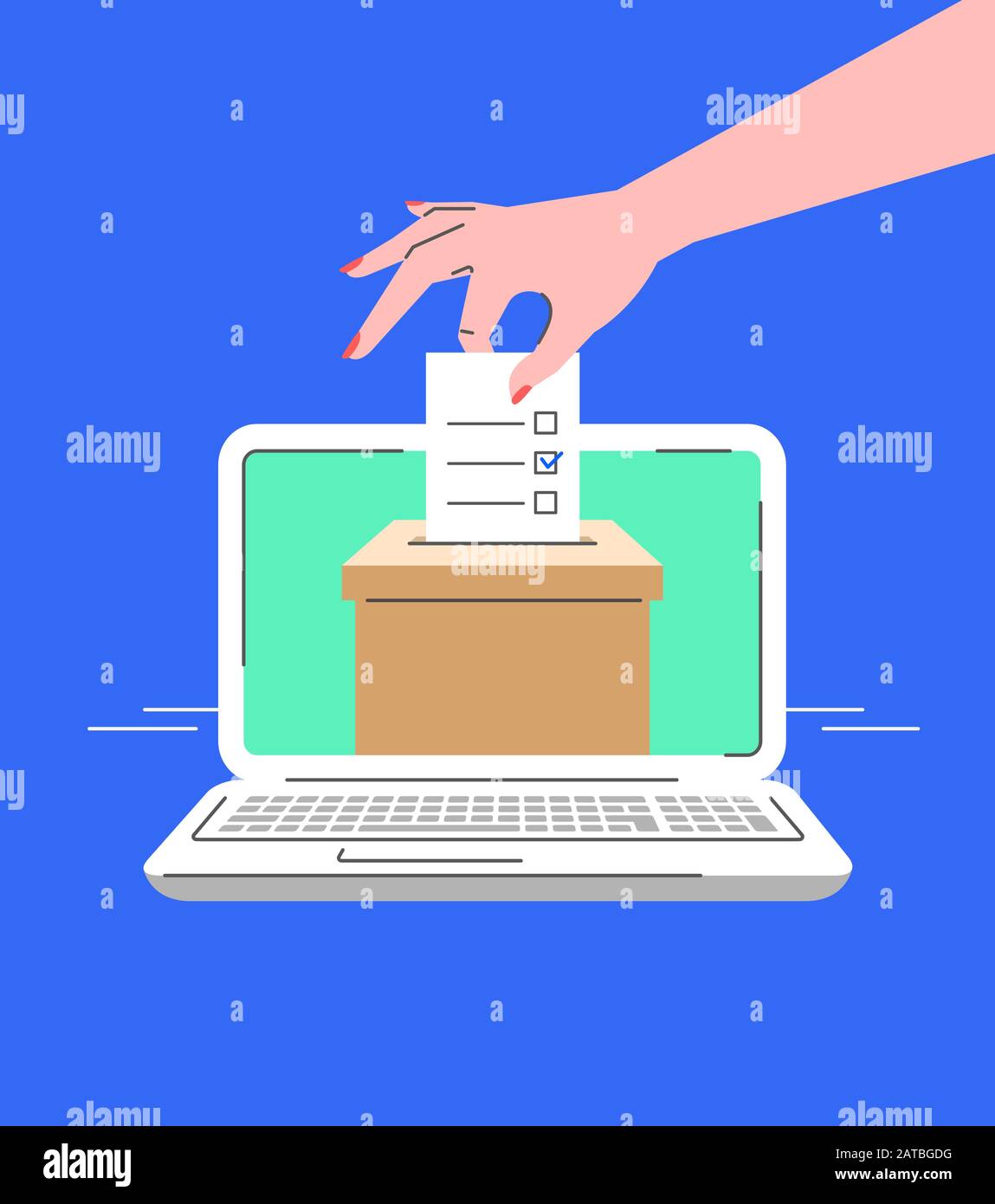 Electronic voting concept. Flat line vector illustration of female hand ...