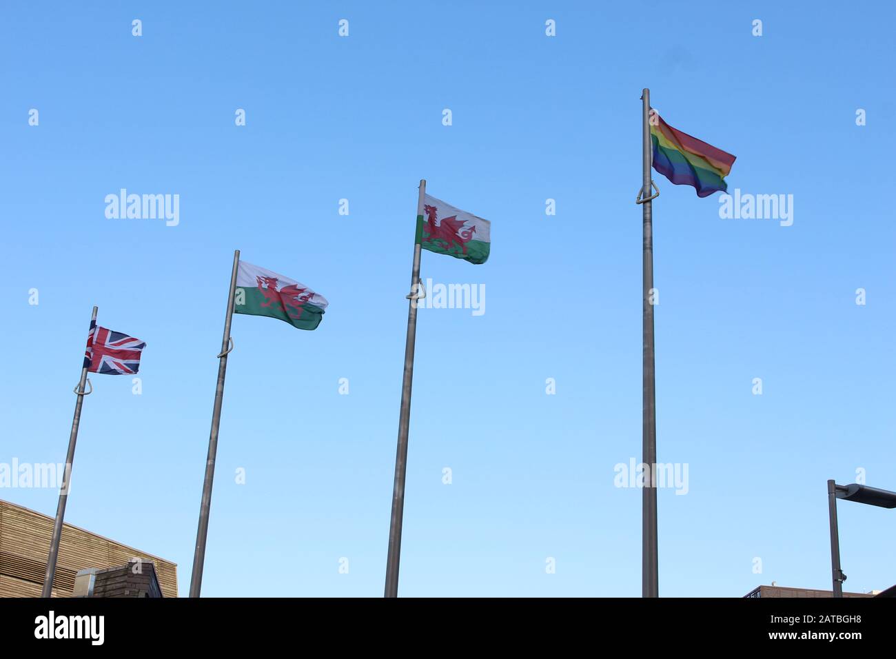 A photograph of the flags outside the National Assembly for Wales ...