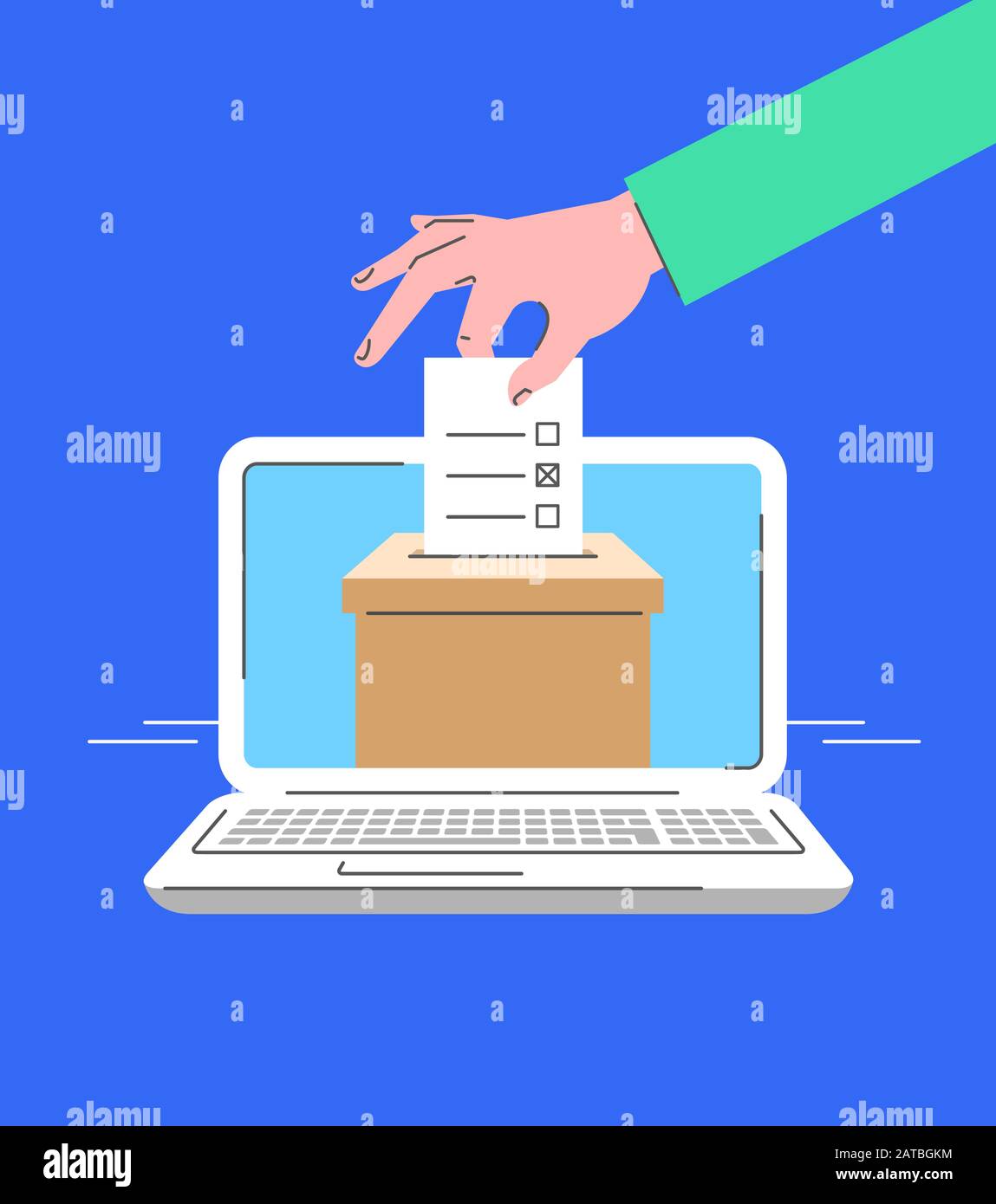 Electronic voting concept. Flat line vector illustration of male hand ...