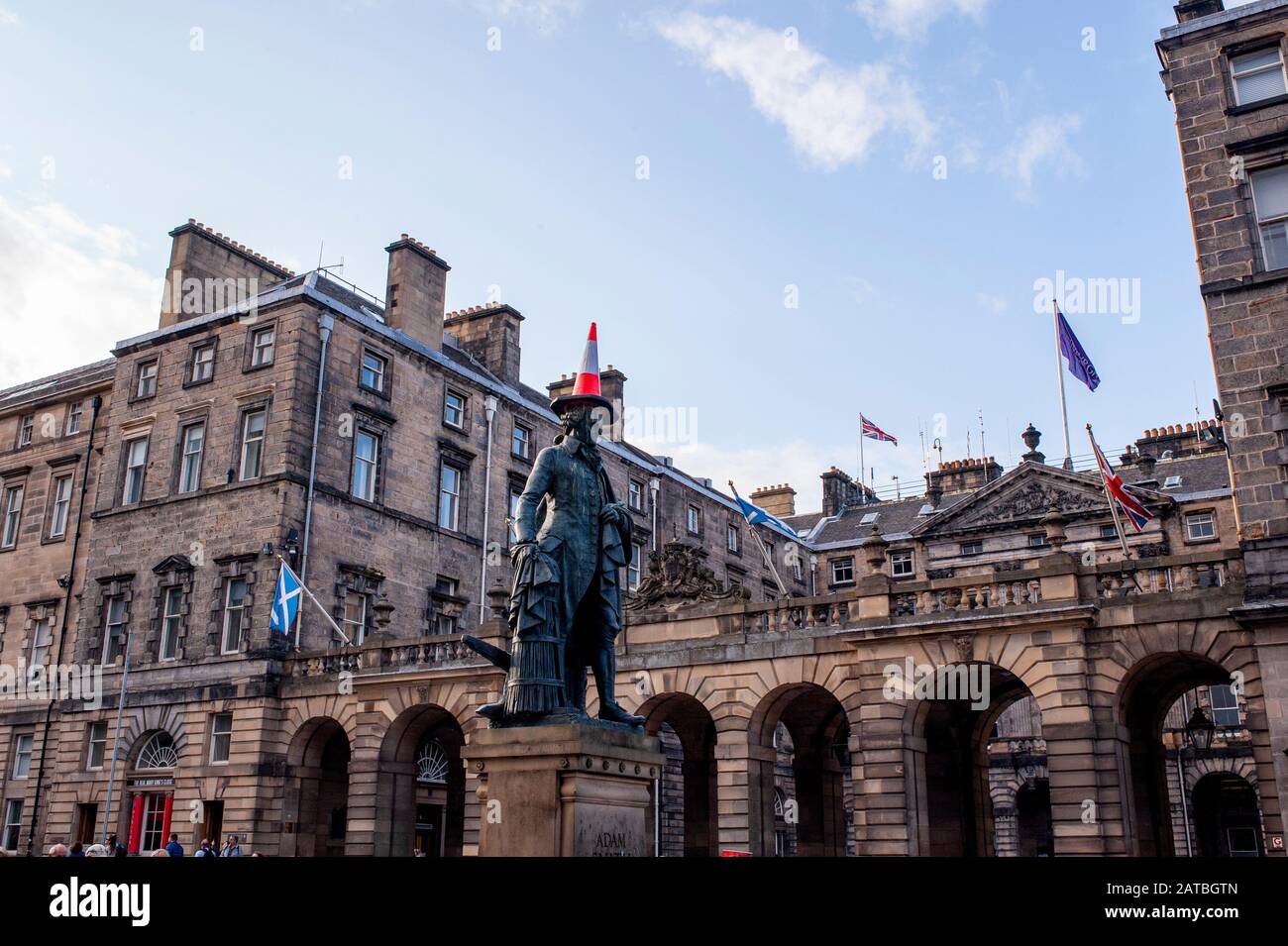 The Edinburgh's Adam Smith statue with a cone on his head. Edinburgh ...