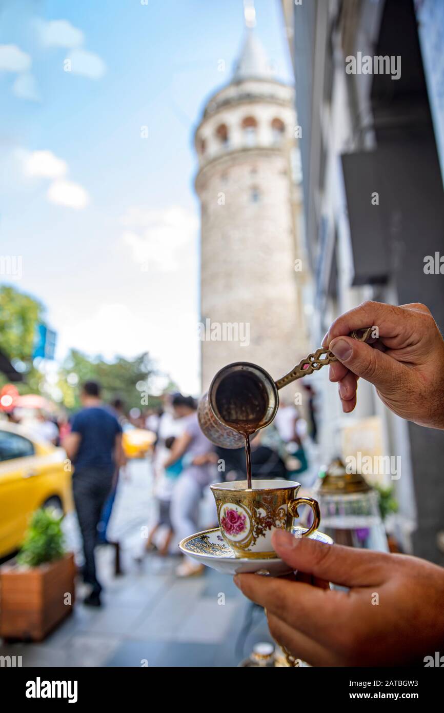 Turkish coffee cooked in the sand. coffee in embers. At Galata ...