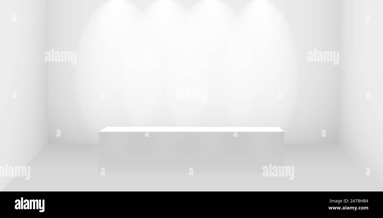 3D exhibition booth. White empty promotional stand with desk. Vector ...