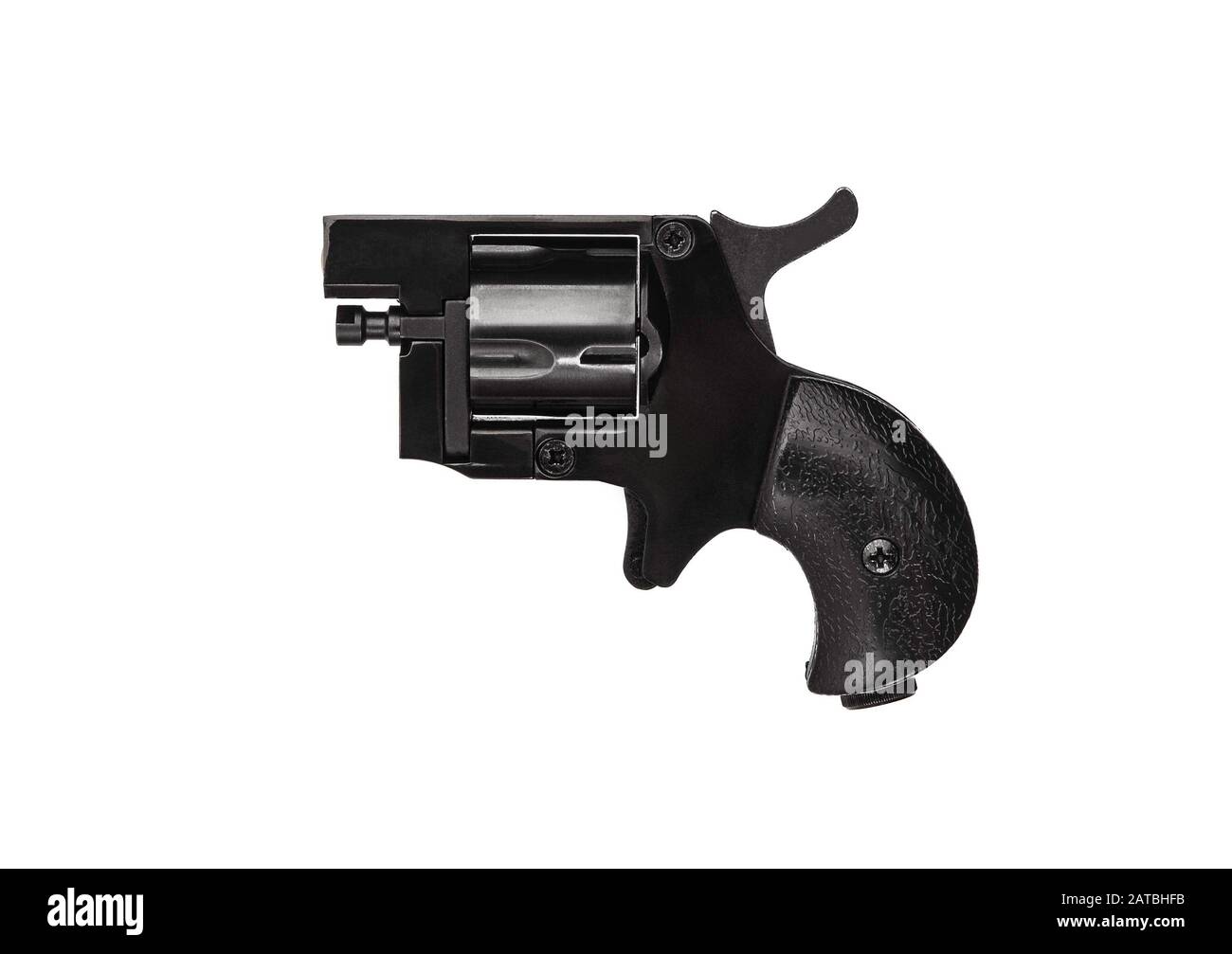 Small black gun revolver isolate on white background. Pocket pistol for ...