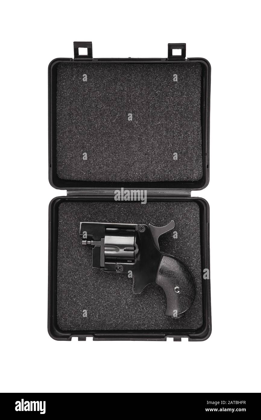 Small black gun revolver isolate on white background. Pocket pistol for ...