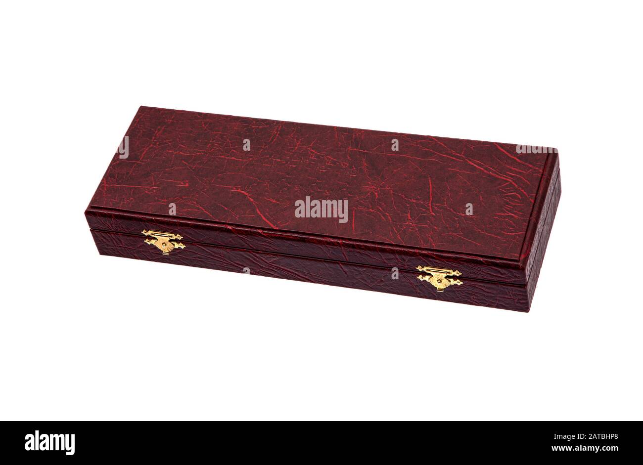 Red case with gilded locks. Box for an expensive gift. Luxury packaging ...