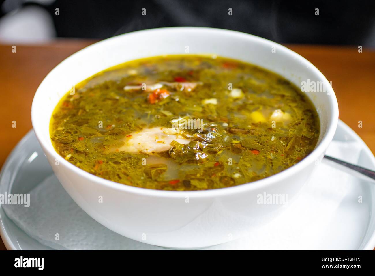chakapuli, meat and greens soup in white plate, georgian traditional ...