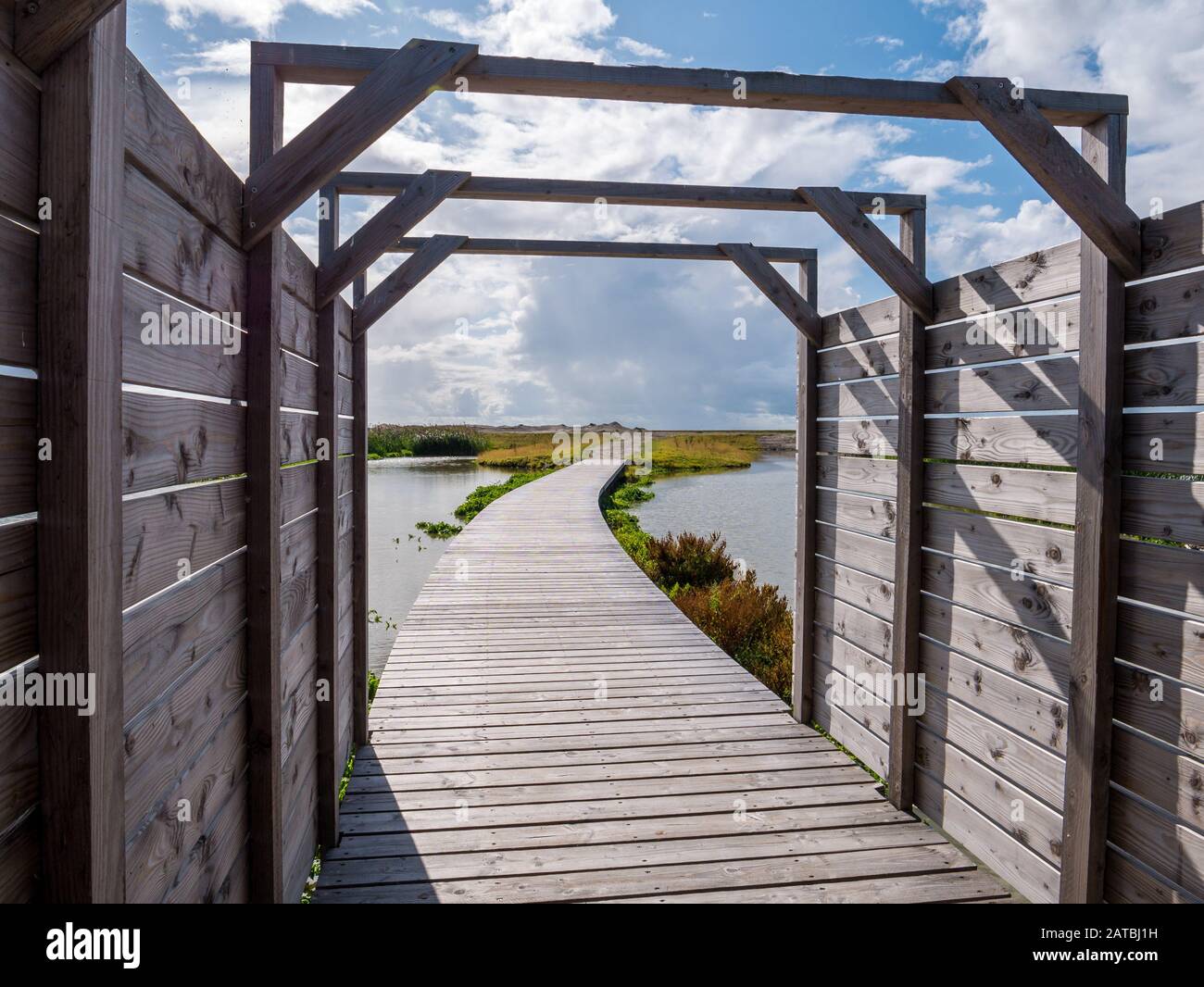 Boardwalk path on manmade island Marker Wadden in Markermeer ...