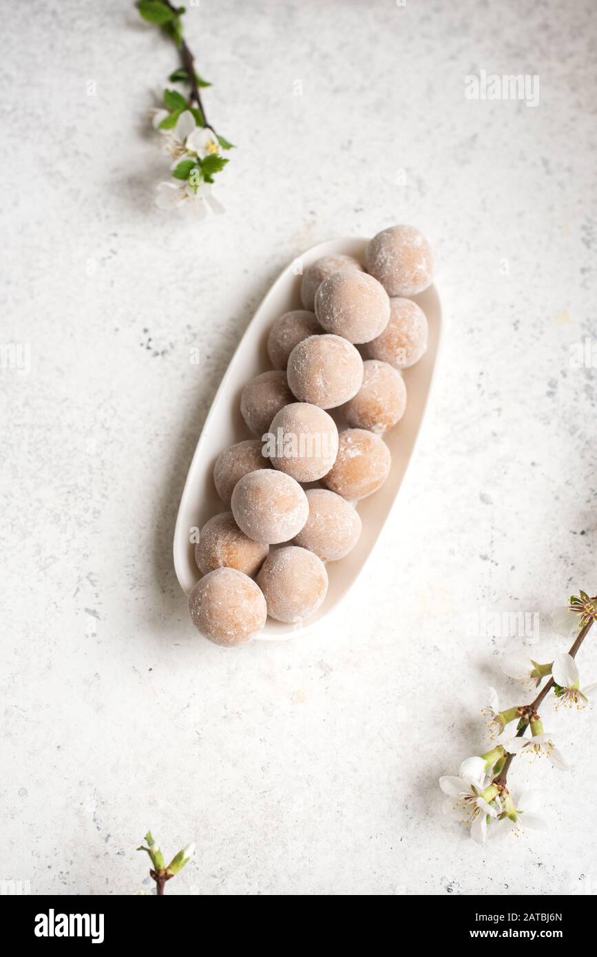 Sweet Japanese Mochi Rice Cakes, chocolate moji cakes with spring ...