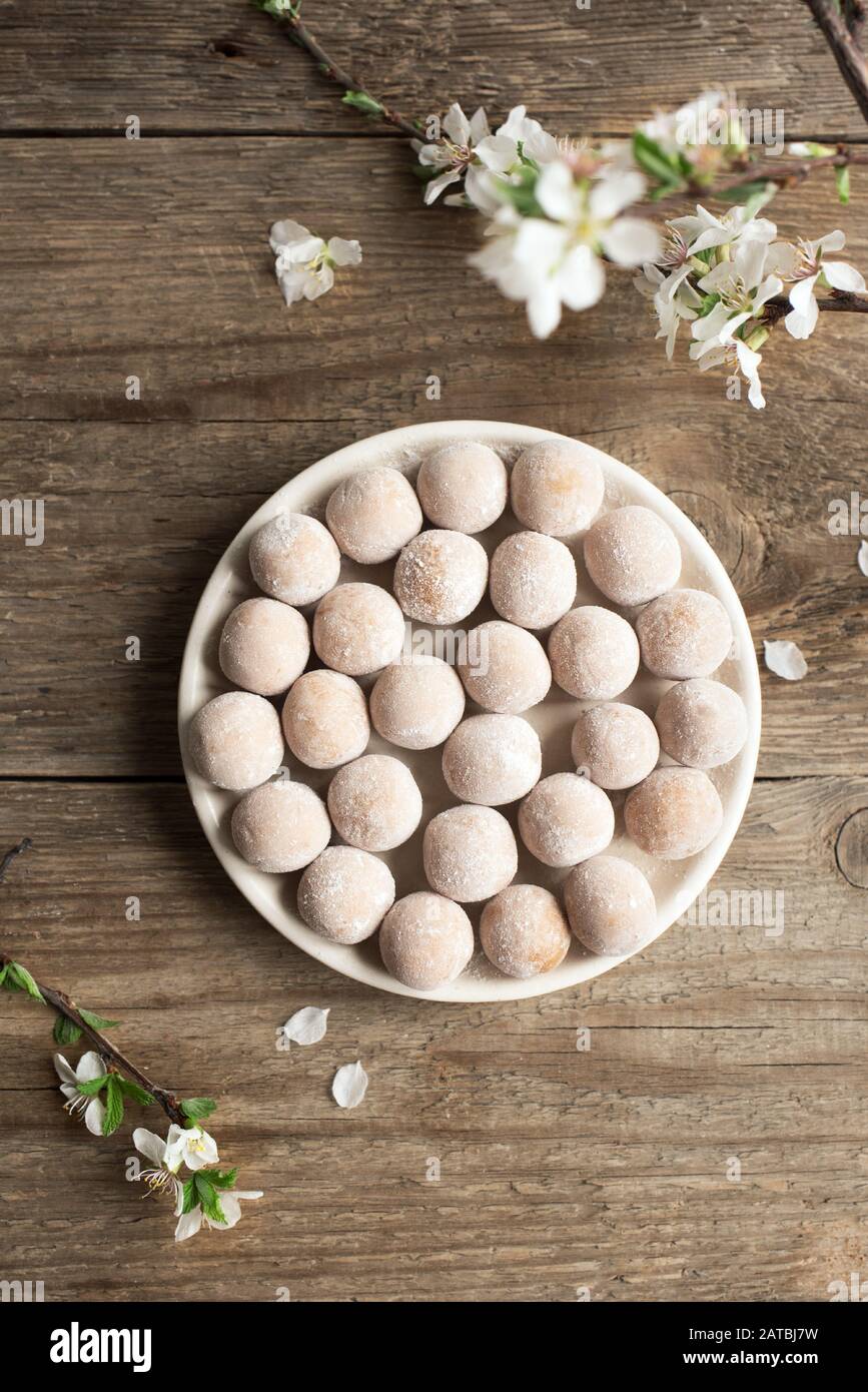 Sweet Japanese Mochi Rice Cakes, chocolate moji cakes with spring ...