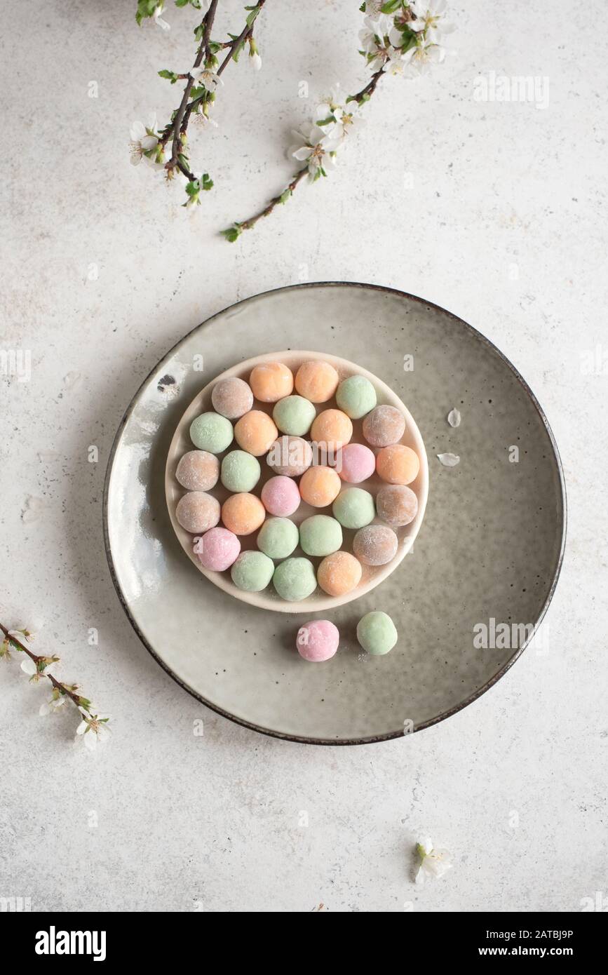 Sweet Japanese Mochi Rice Cakes, colorful moji cakes with spring ...