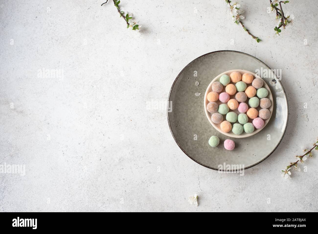 Sweet Japanese Mochi Rice Cakes, colorful moji cakes with spring ...