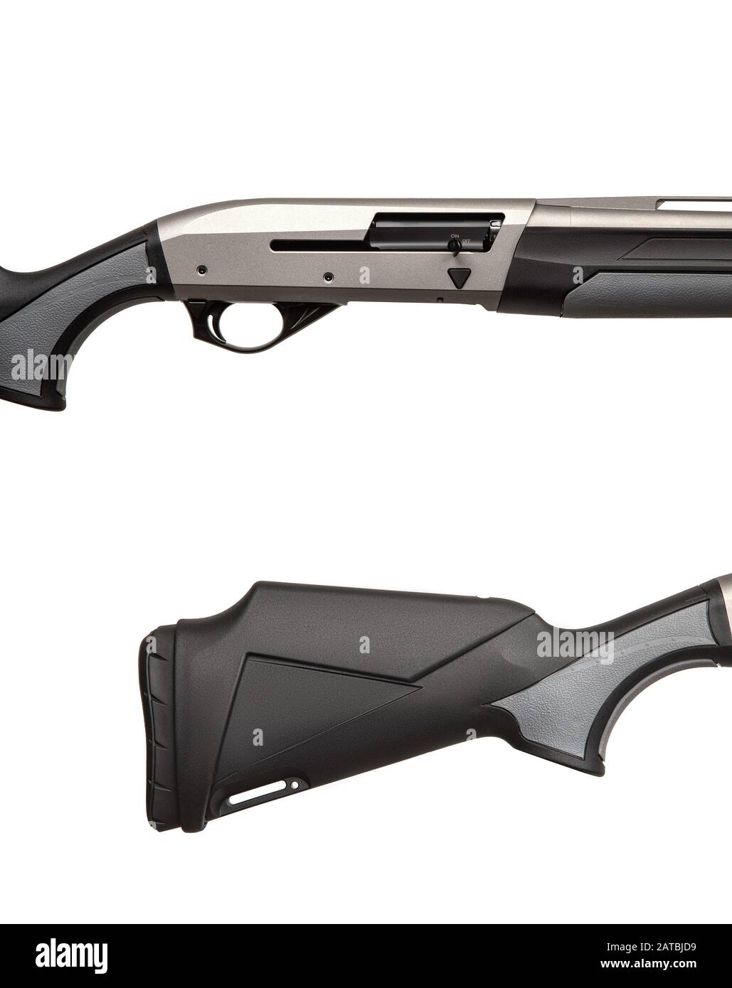 Modern black silver shotgun isolated on white background. Weapons for ...