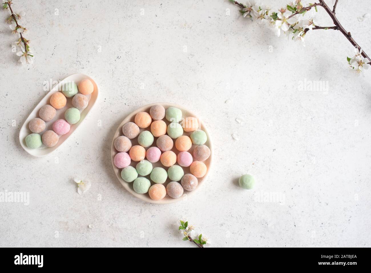 Japanese Mochi Rice Cakes, colorful sweet moji cakes with spring ...