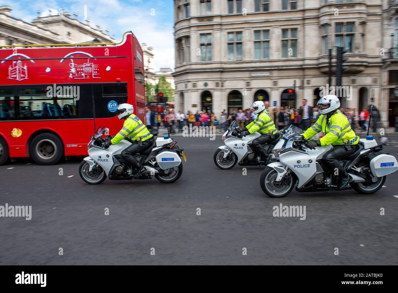 Westminster, London, UK. 13th July, 2016. Police outriders arriving at ...