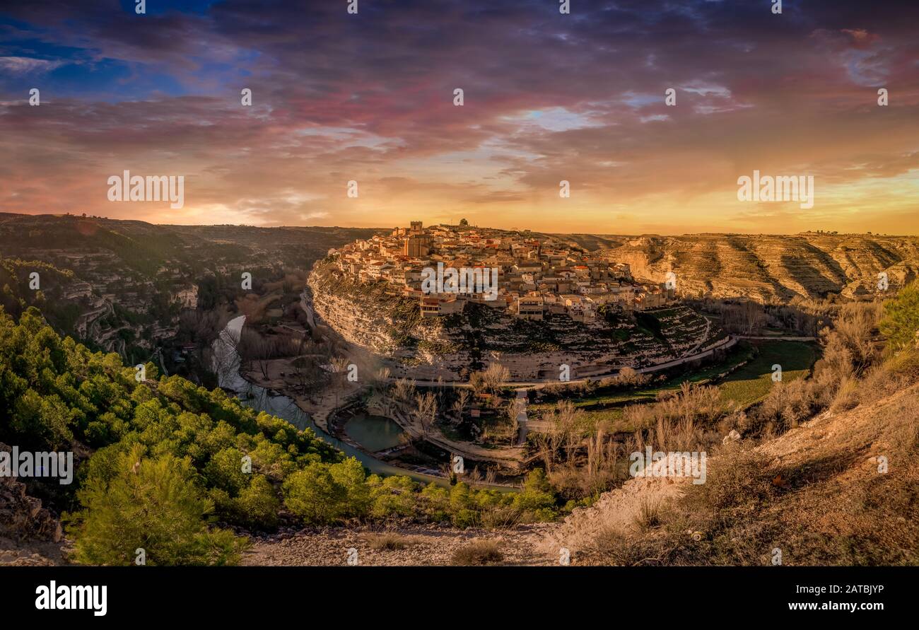 Aerial view of Jorquera medieval town with city walls and castle ...