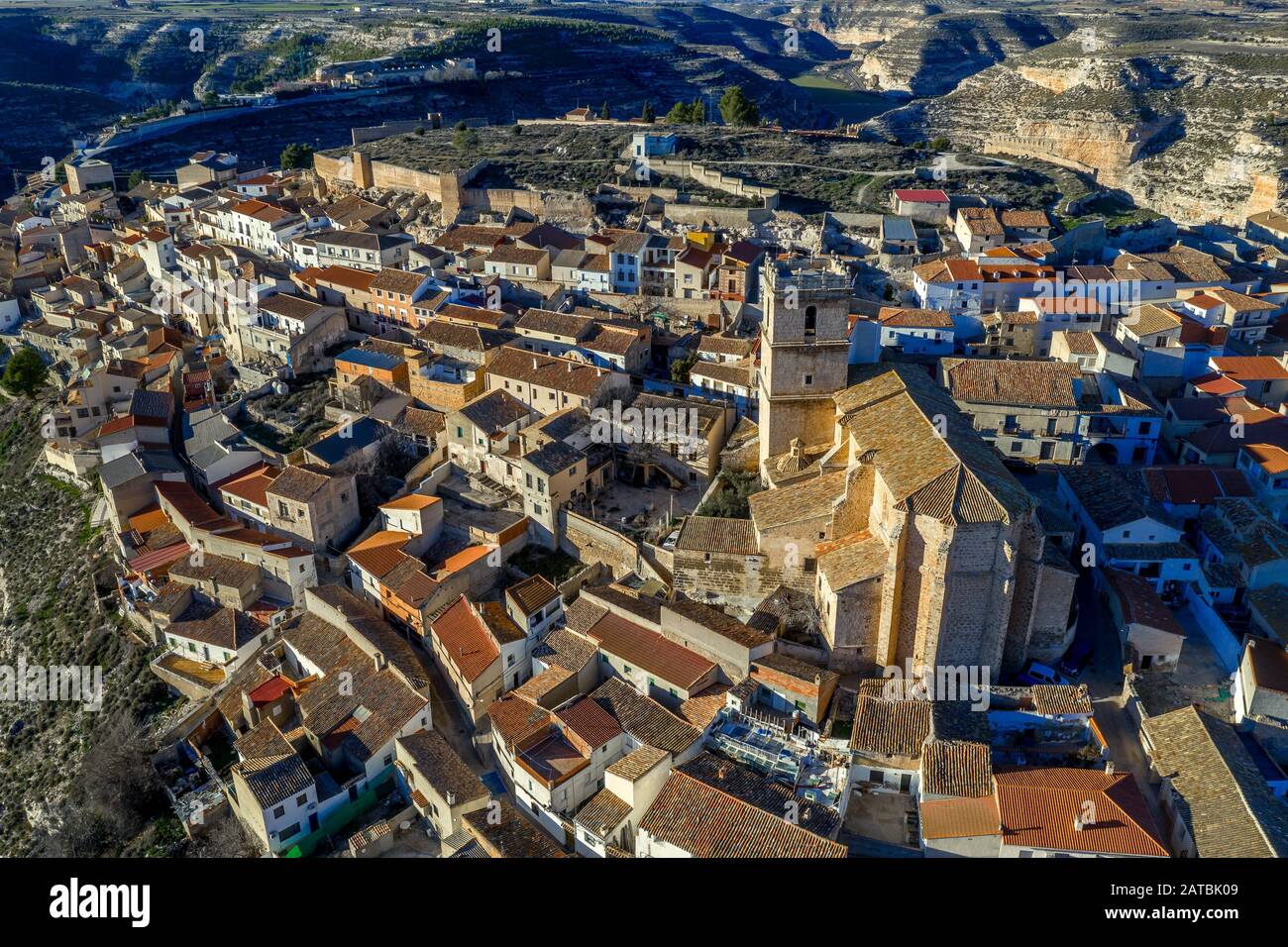 Aerial view of Jorquera medieval town with city walls and castle ...