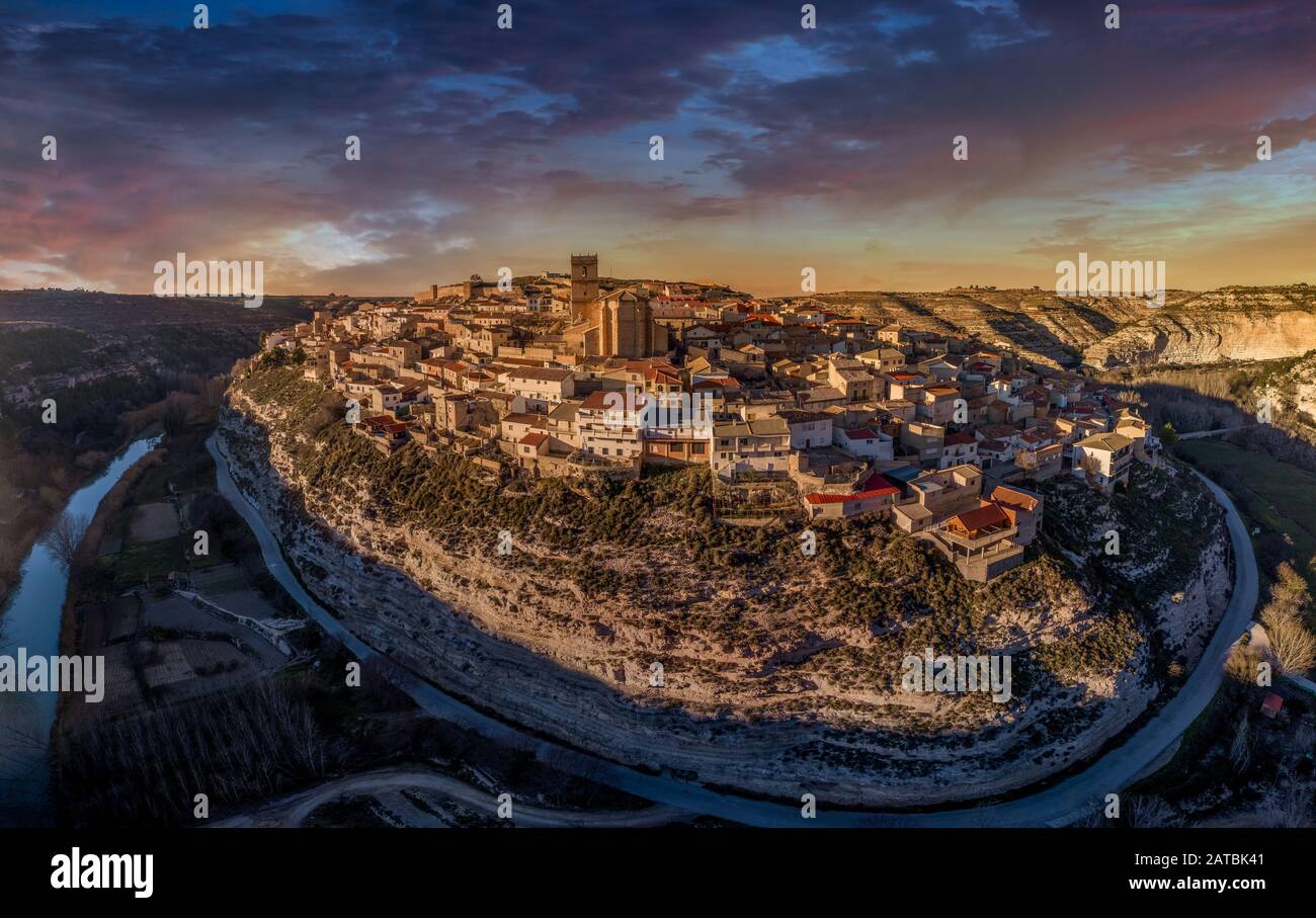 Aerial view of Jorquera medieval town with city walls and castle ...