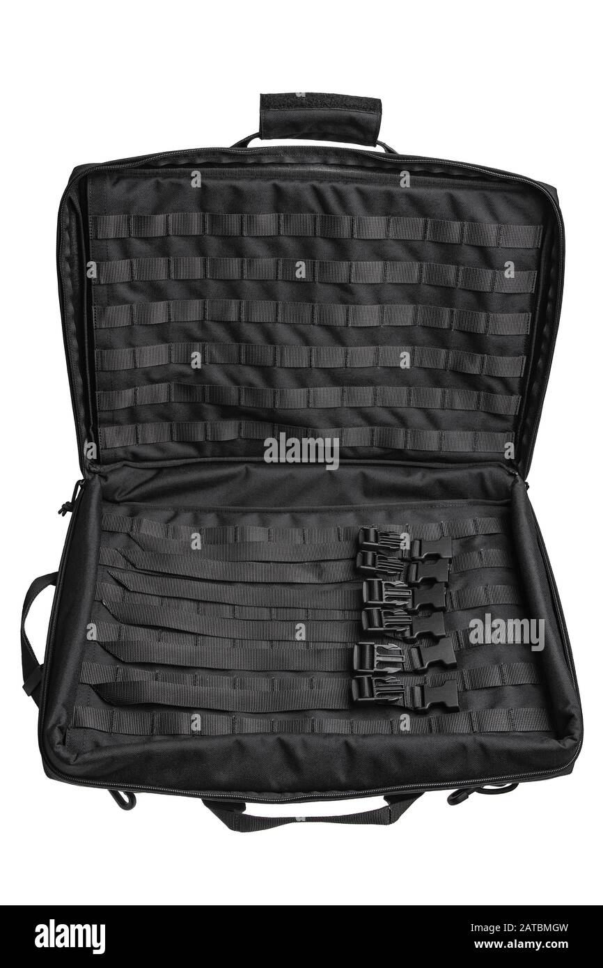 Modern black backpack over his shoulder isolated on white background ...