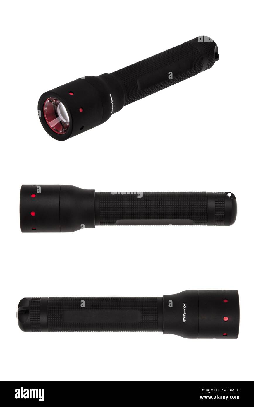 modern black metal flashlight isolated on white background Stock Photo ...