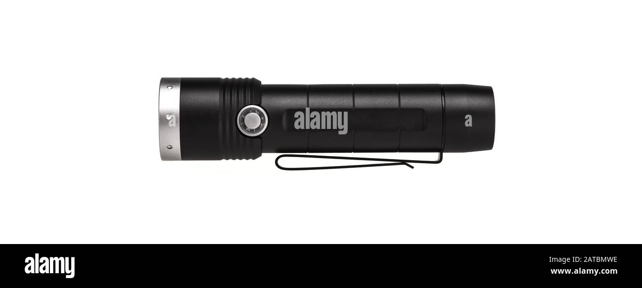 modern black metal flashlight isolated on white background Stock Photo ...