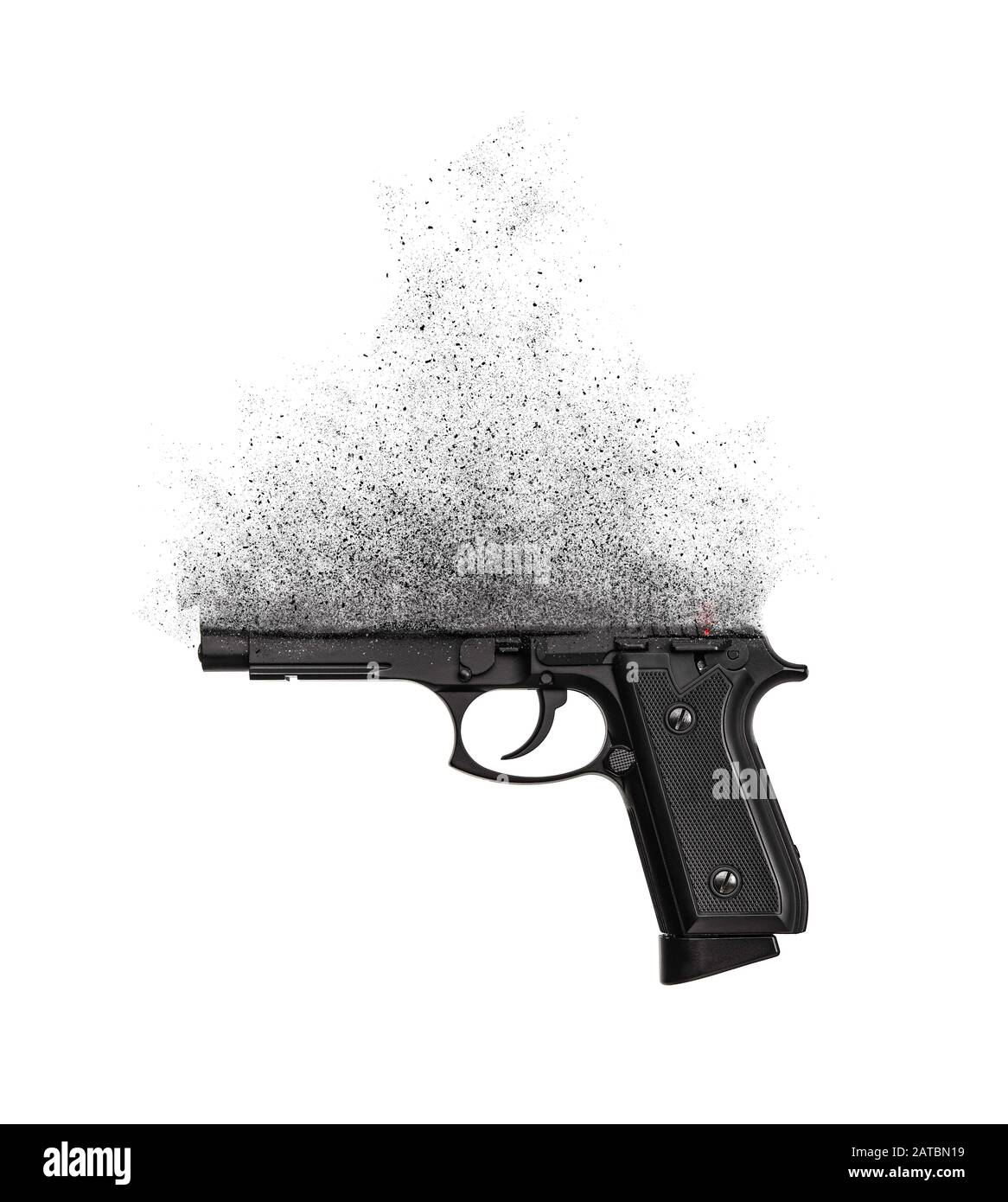 A gun crumbling into particles in space isolate on a white background ...