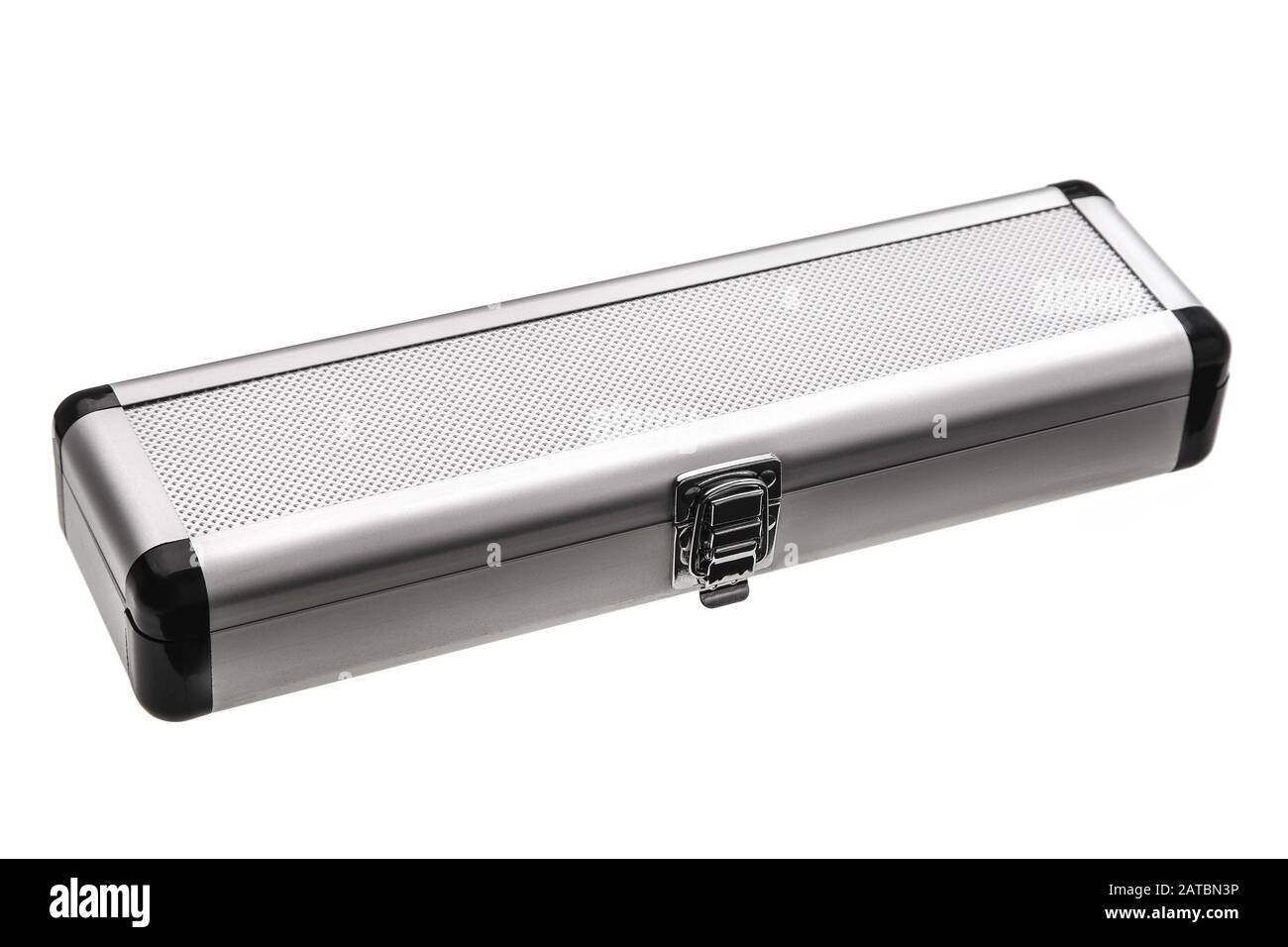 Small aluminum case with a metal lock isolated on white background ...