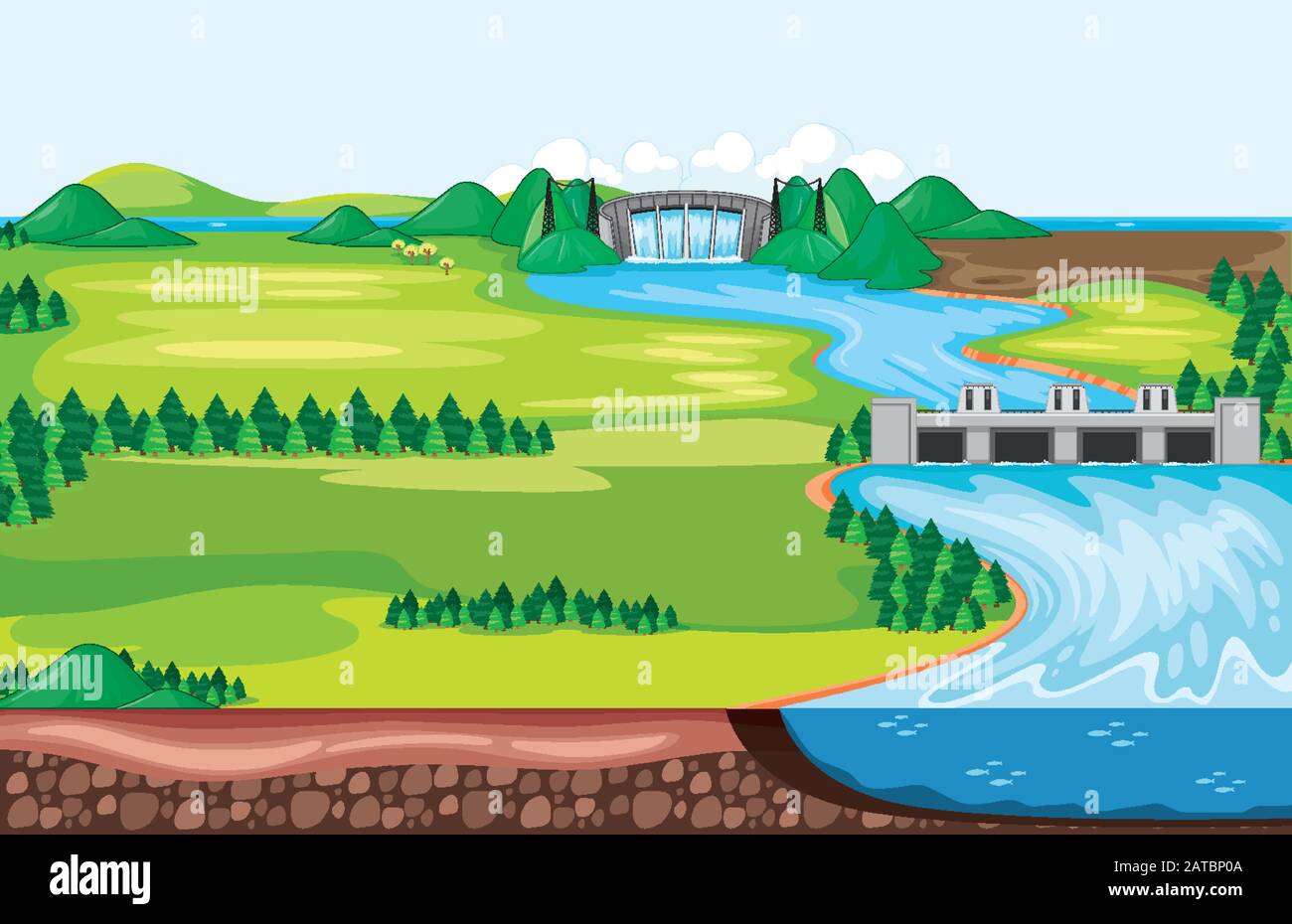 Scene with water running down from the dam illustration Stock Vector ...