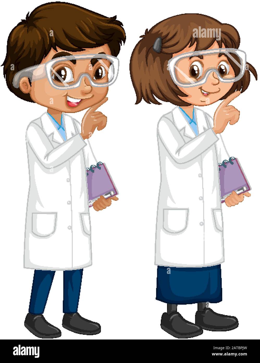 Boy and girl in science gown standing on white background illustration ...