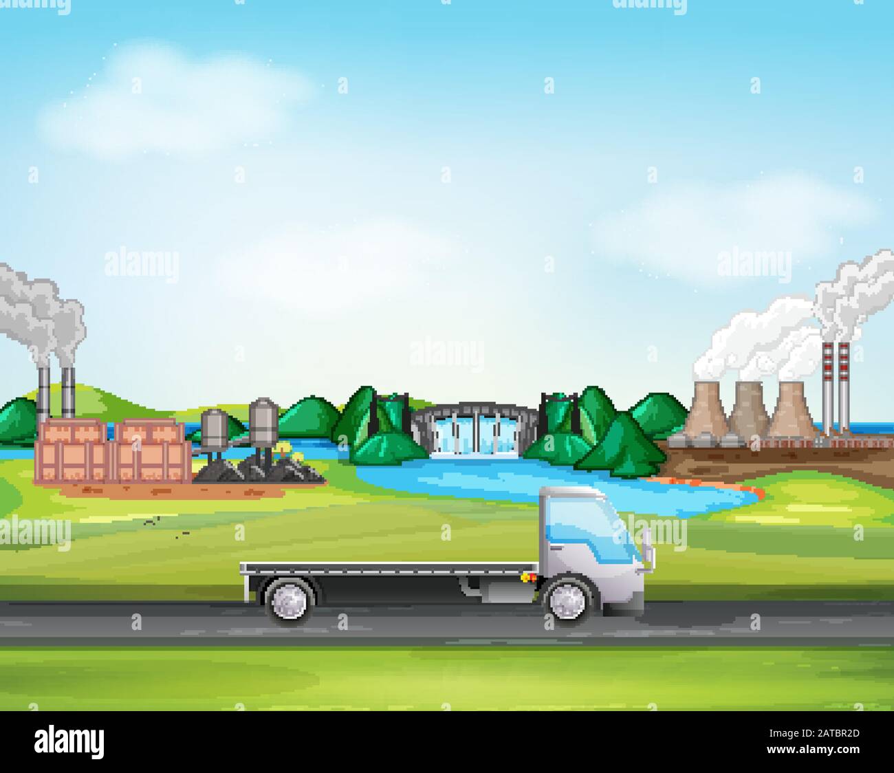 Scene with truck driving along the industrial zone illustration Stock ...