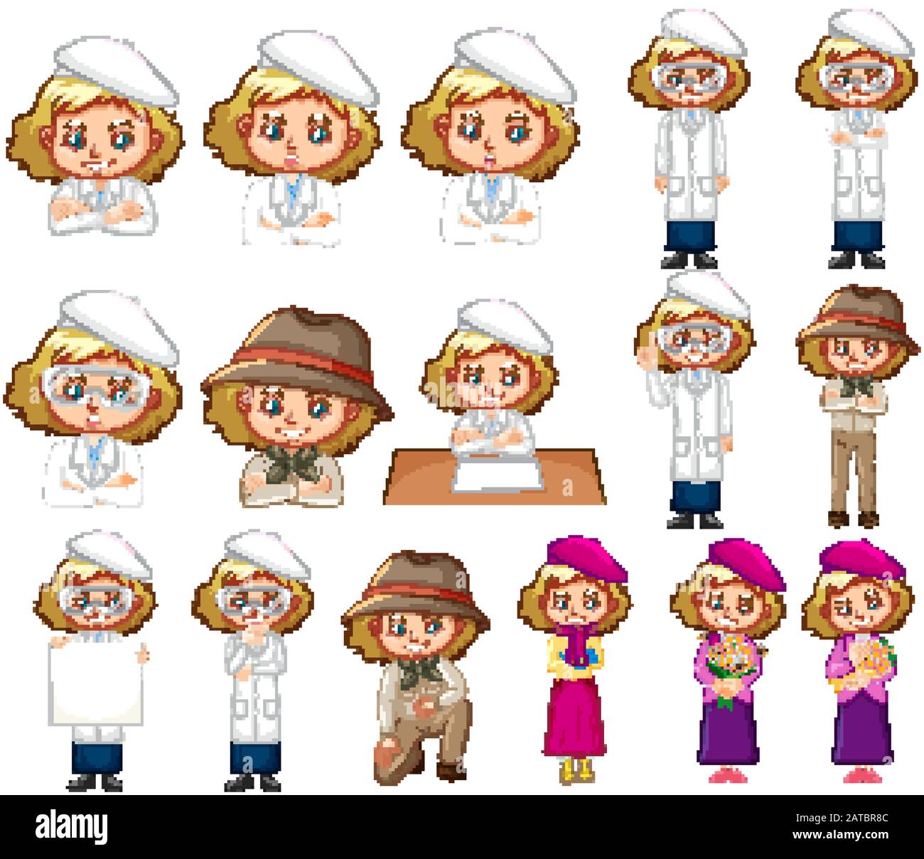 Girl in science gown doing different poses on white background ...