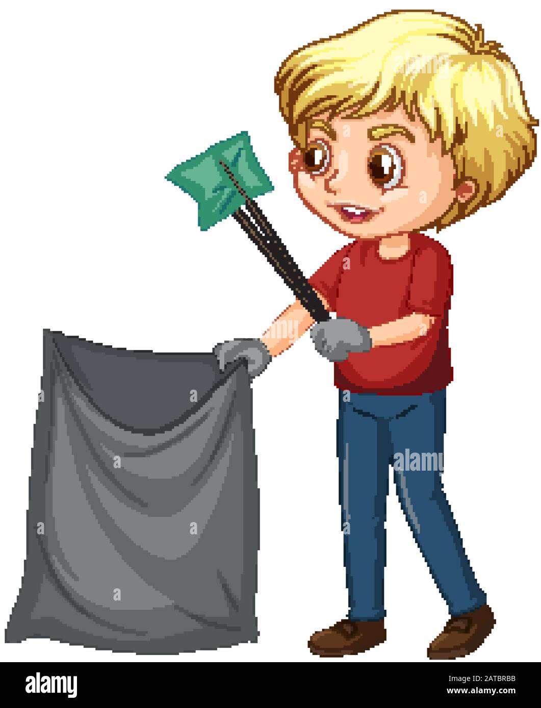 Boy picking up trash on white background illustration Stock Vector ...