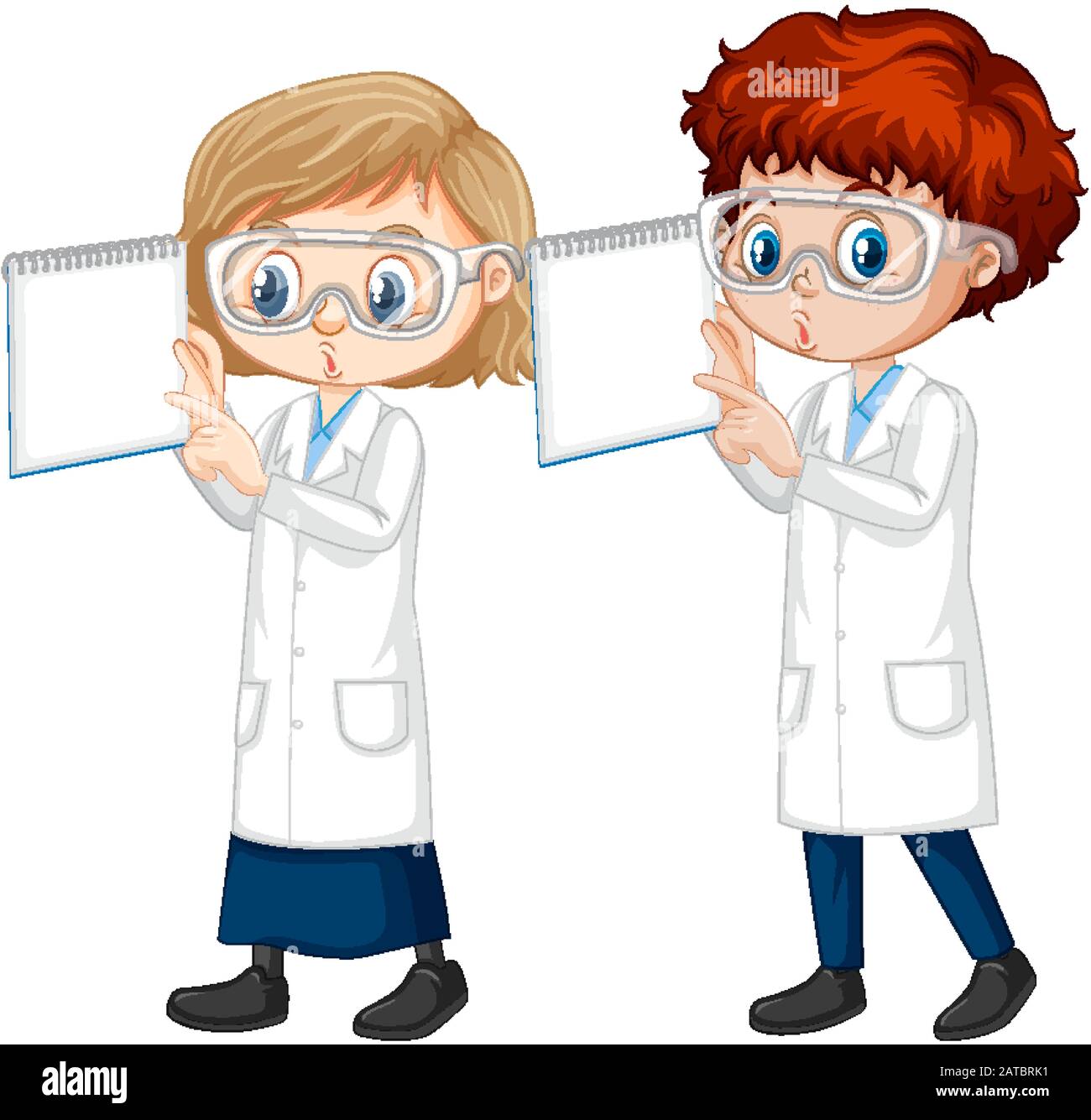 Boy and girl in science gown on isolated background illustration Stock ...