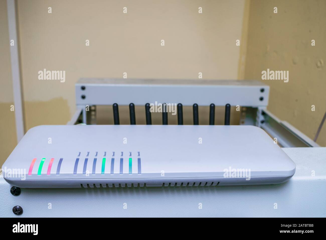 A multi-channel gsm gateway with several antennas is installed in the ...