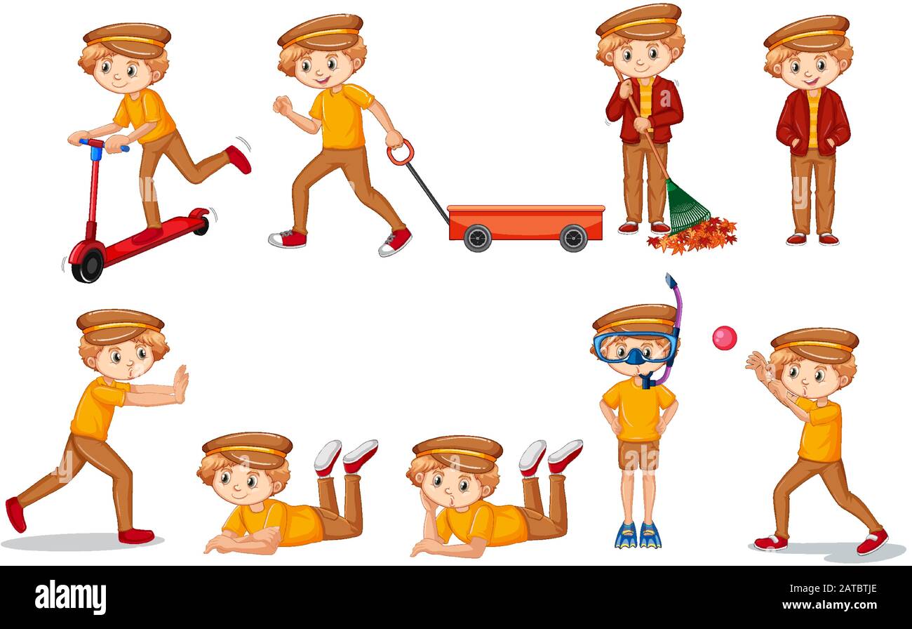 Set of boy in yellow shirt doing many activities illustration Stock ...