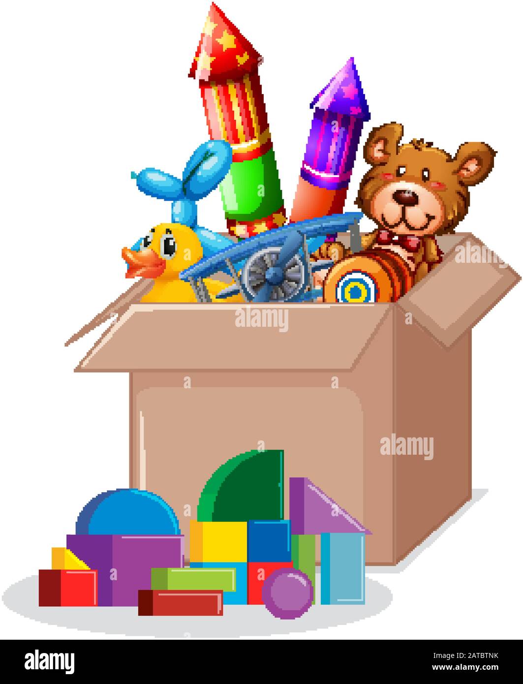 Cardboard box full of toys on white background illustration Stock ...