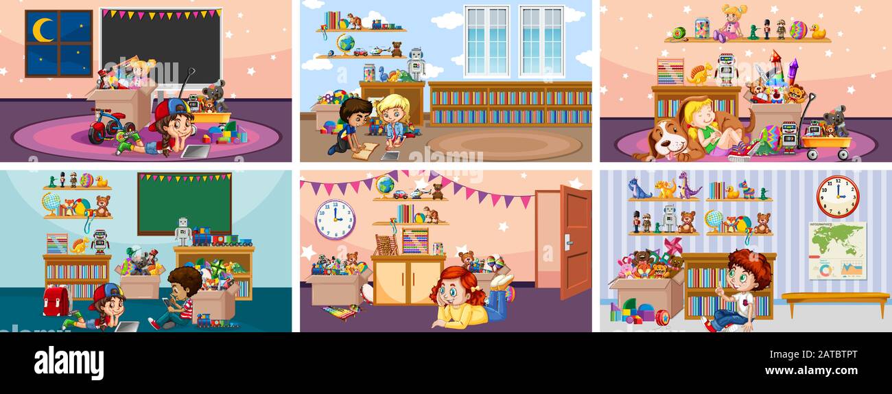 Six scenes with children doing activities in different rooms ...