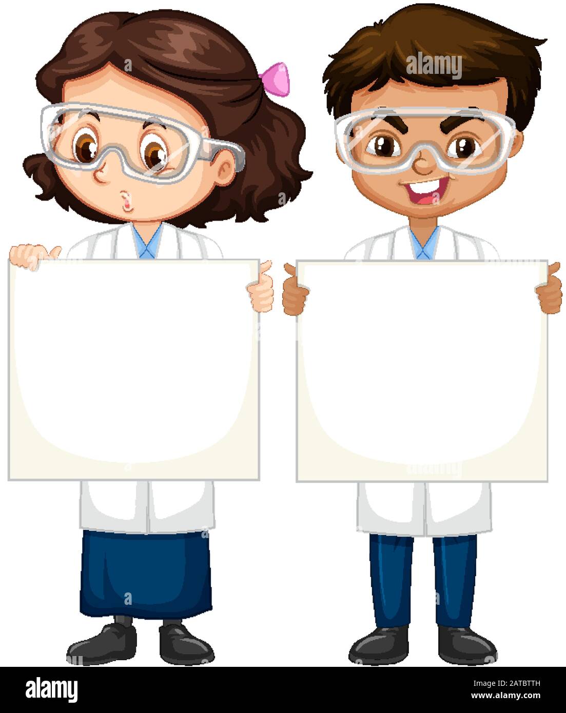 Boy and girl in science gown on isolated background illustration Stock ...