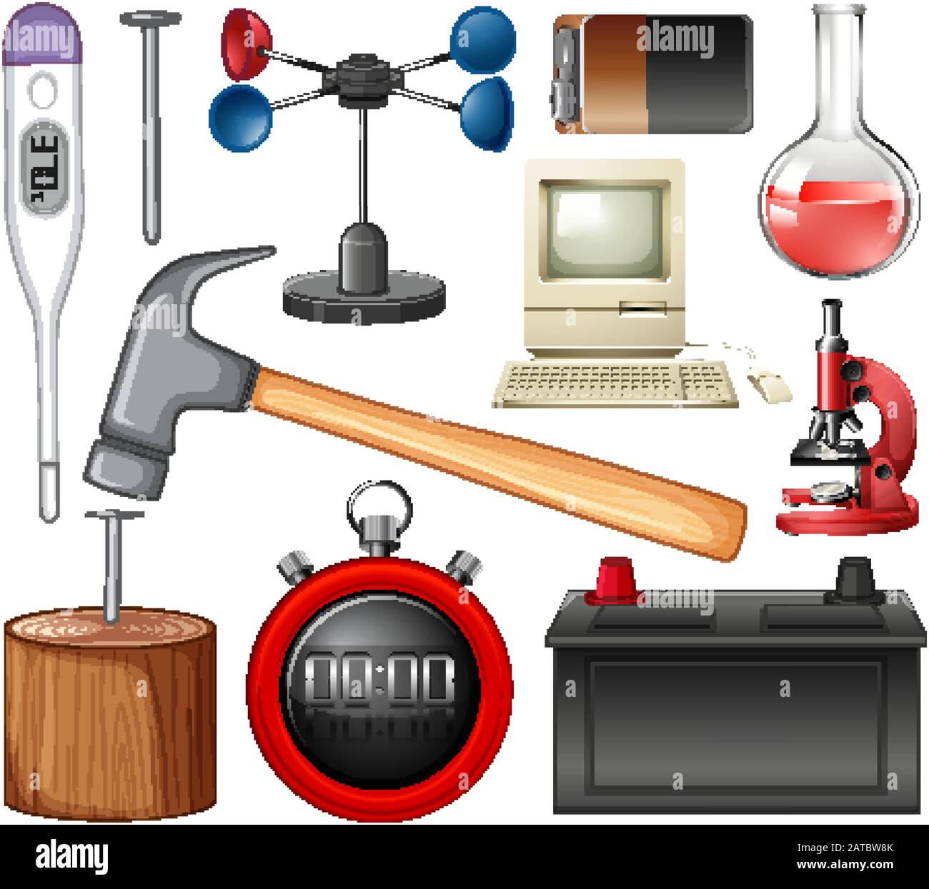 Large set of science equipments on white background illustration Stock ...