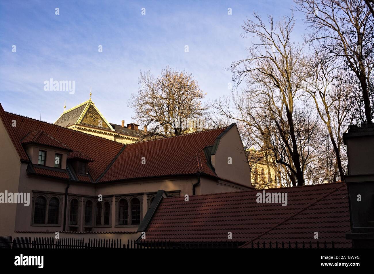 Exteriors of a jewish synagogue with trees in the courtyard (Pinkas ...