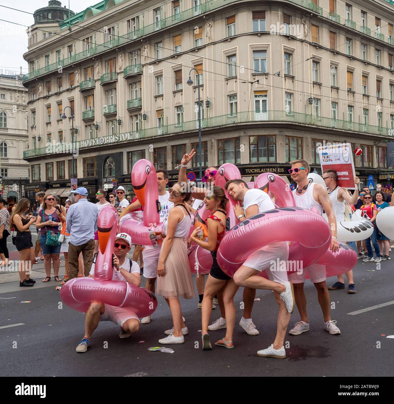 Inflatable flamingo floats group in Vienna 2019 EuroPride parade Stock ...