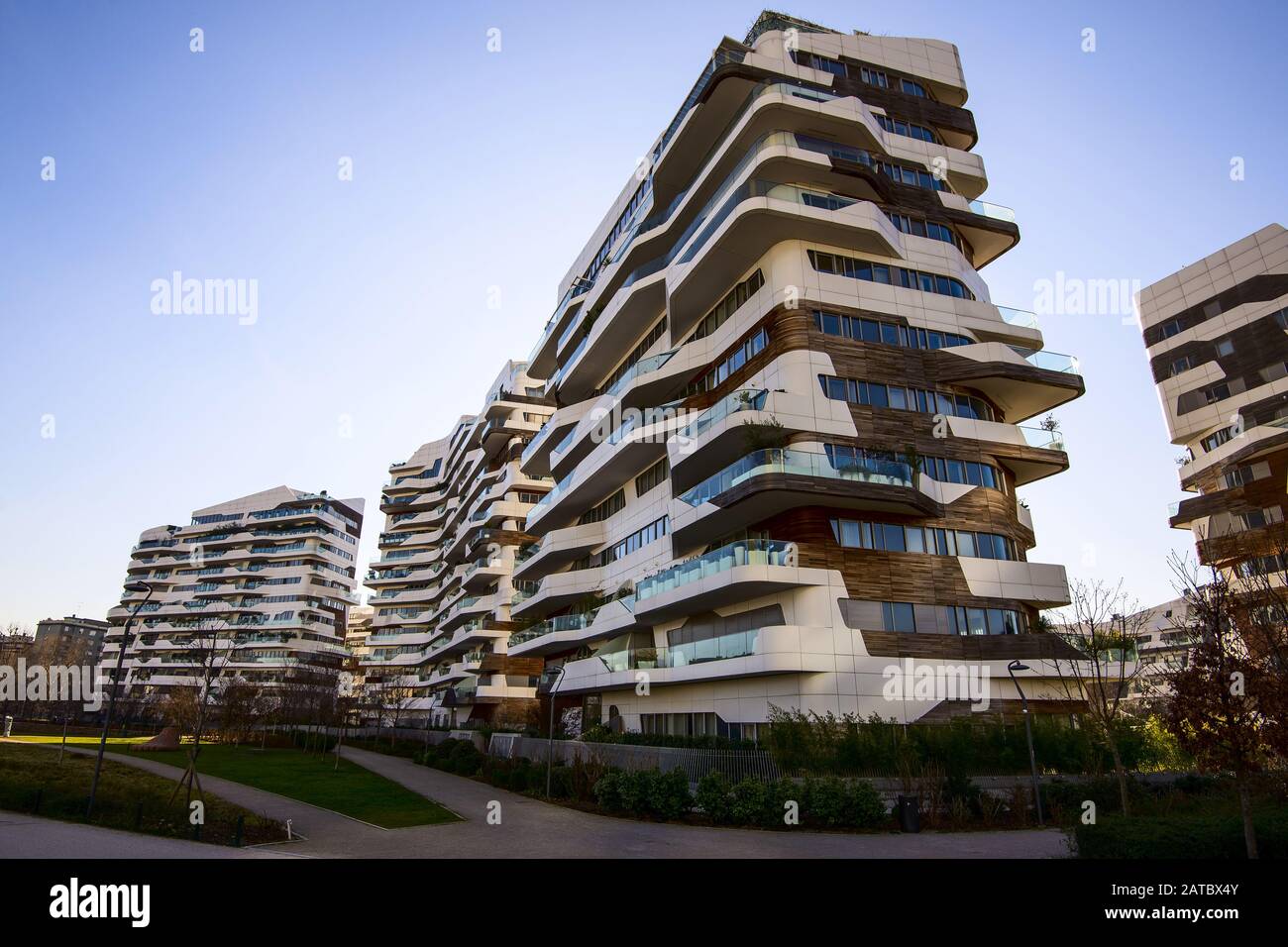 MILAN, ITALY - JANUARY 31, 2020: CityLife Hadid Residences building by Zaha Hadid. The new ...