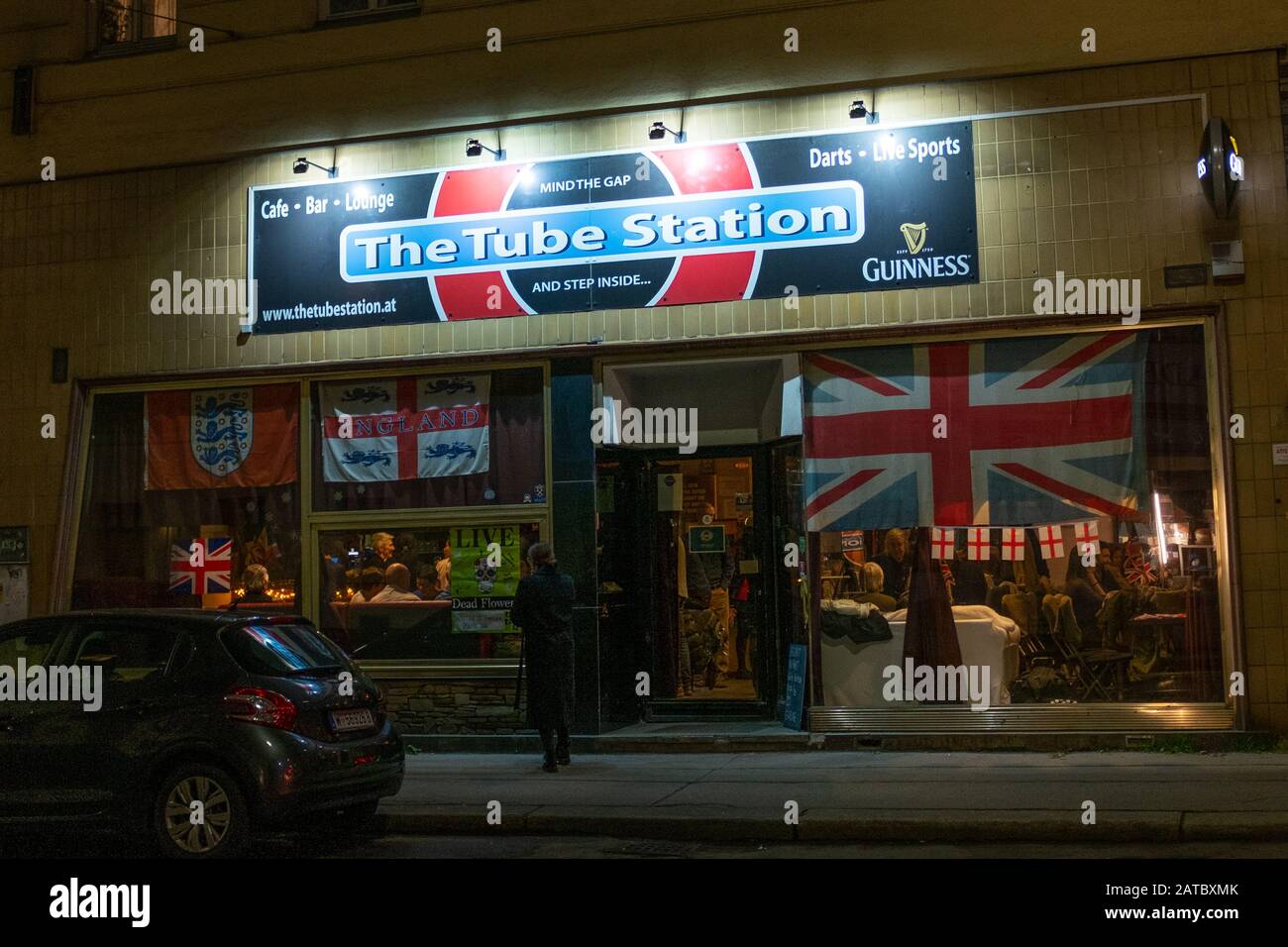 Exterior of 'The Tube Station', a British pub in Vienna, Austria, where ...