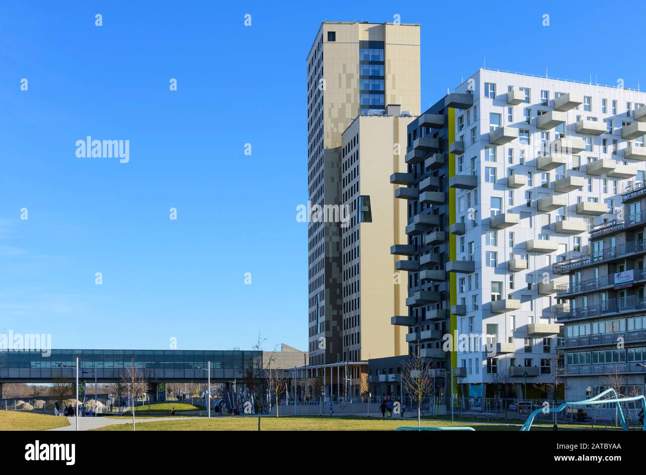 Wien, Vienna: 84 m high wooden skyscraper HoHo Holzhochhaus (left ...