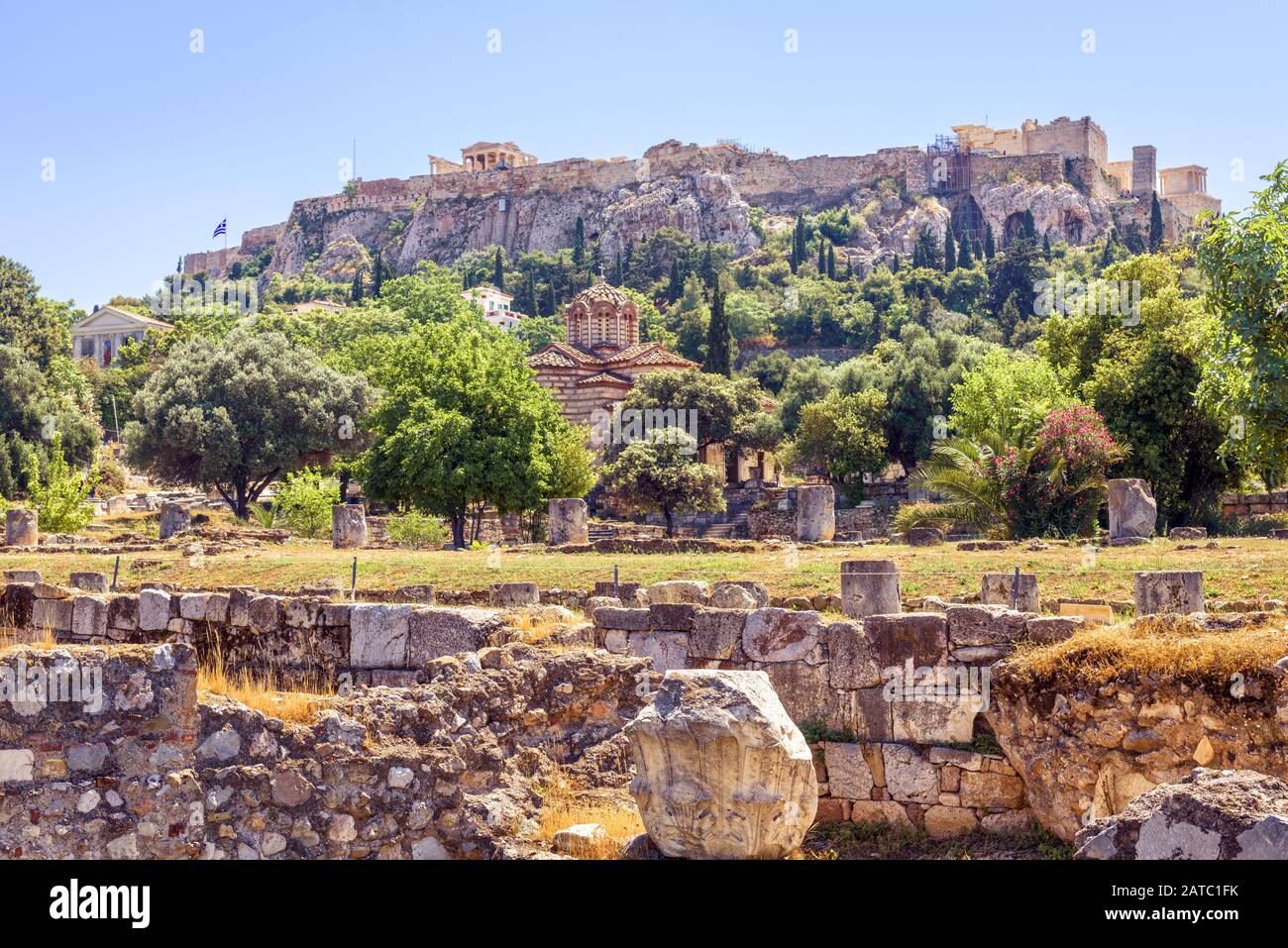 Agora in Athens overlooking famous Acropolis, Greece. Scenic view of ...