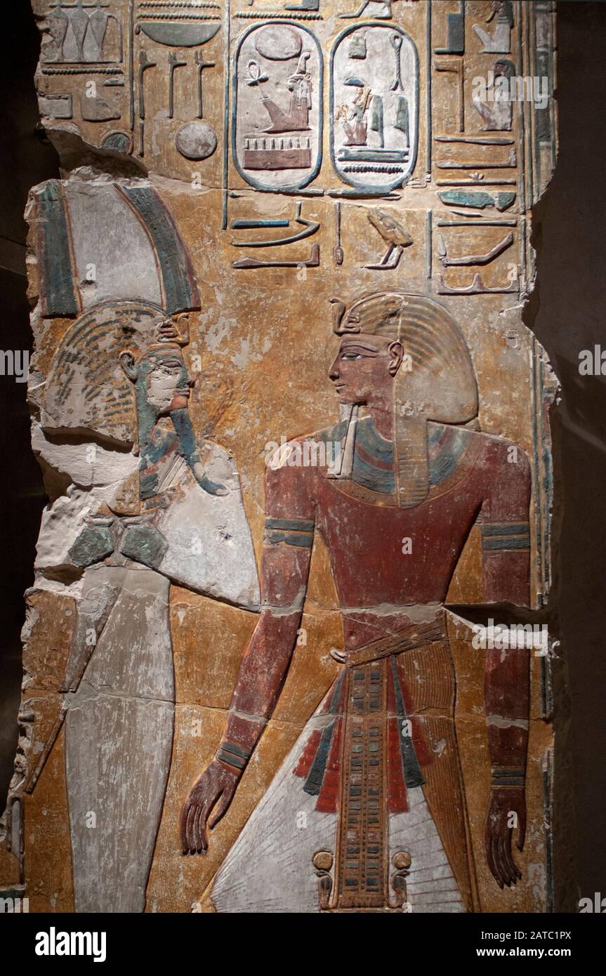 Museum Island.Neues Museum . Pillar fragment; King Seti I before the ...