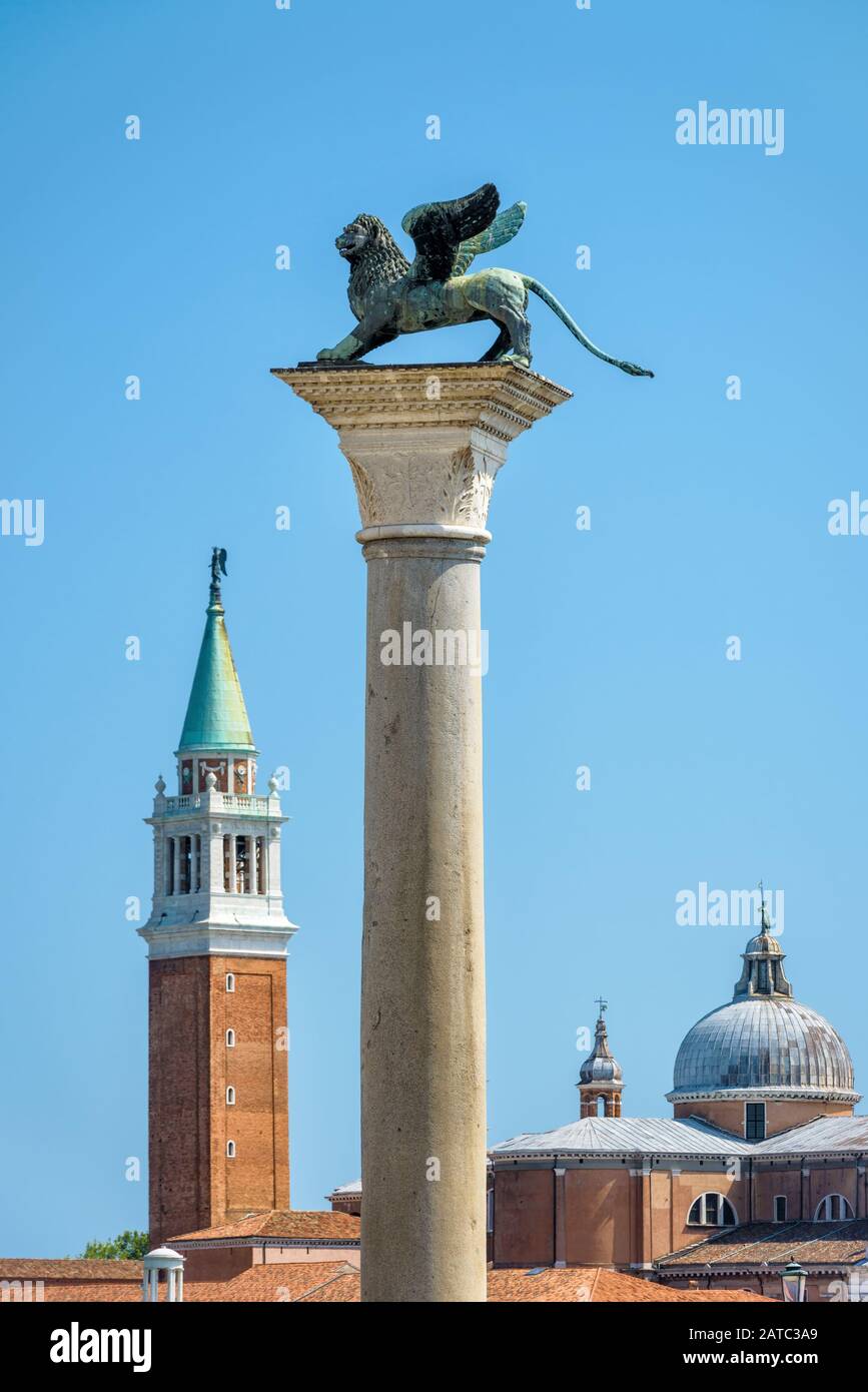 The famous ancient winged lion sculpture on the Piazza San Marco in ...