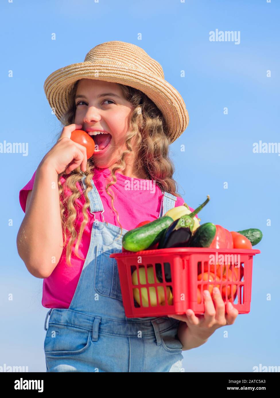 Natural vitamin nutrition. Vegetables market. Girl cute child farming ...