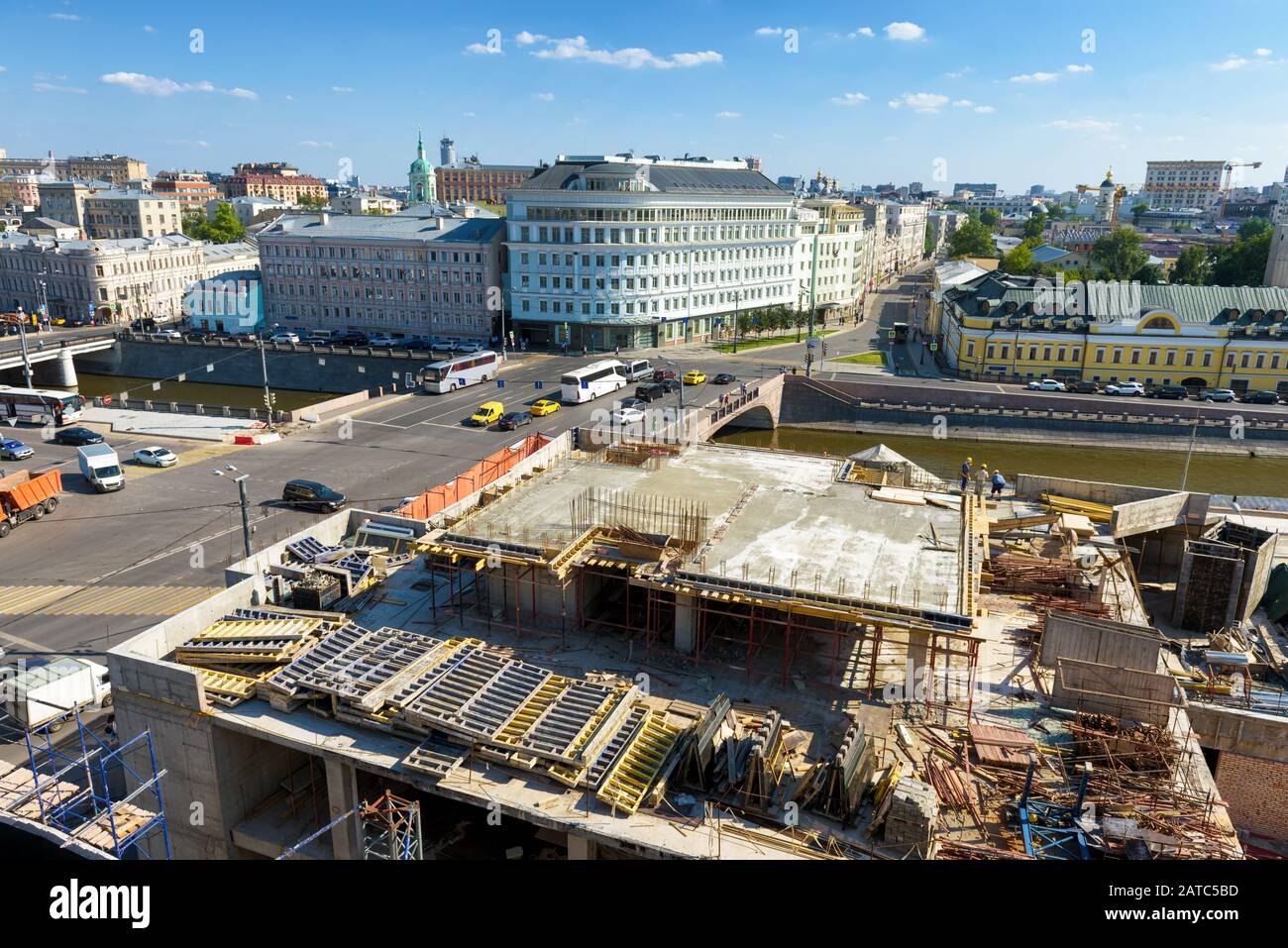 Construction site in Moscow, Russia. Panorama of developing city in ...