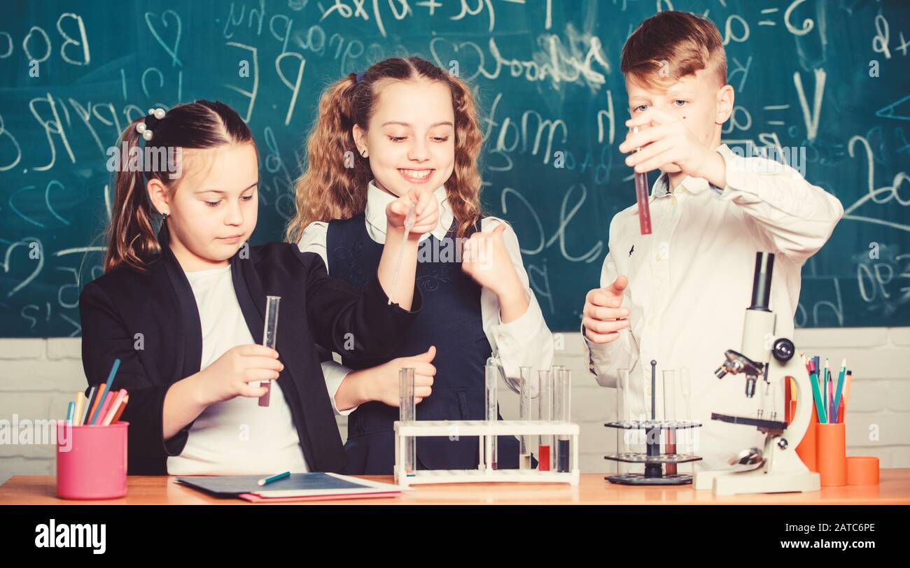 School laboratory. Group school pupils study chemical liquids. Girls ...