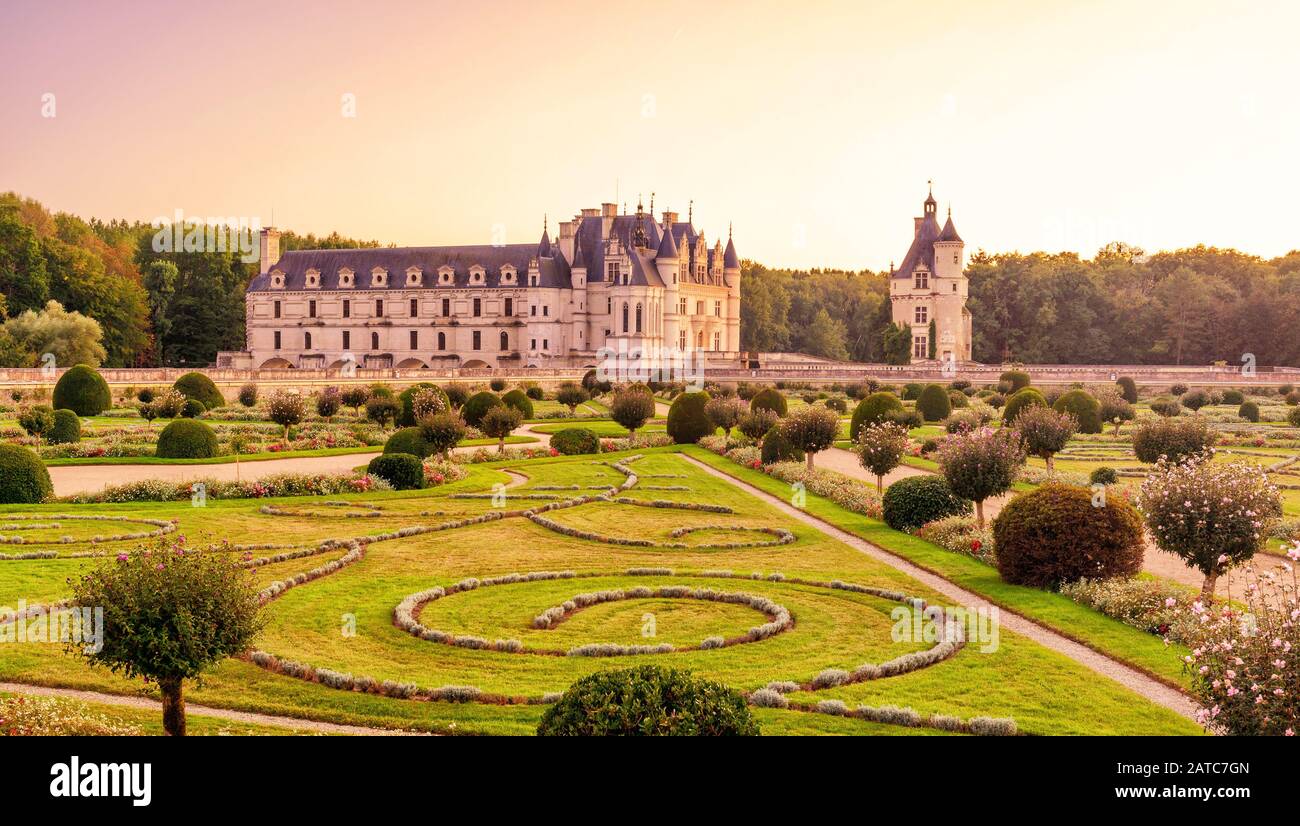 The Chateau de Chenonceau at sunset, France. This castle is located ...